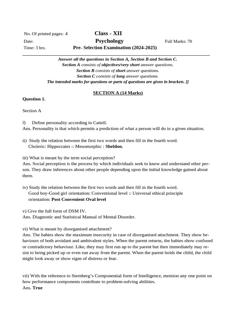 12th Grade Psychology Objective Exam | PDF | Attachment Theory | Psychology