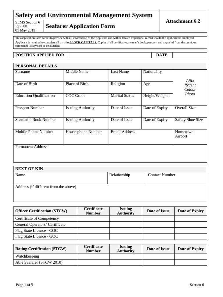 2-Attachment 6.2 Seafarer Application Form | PDF