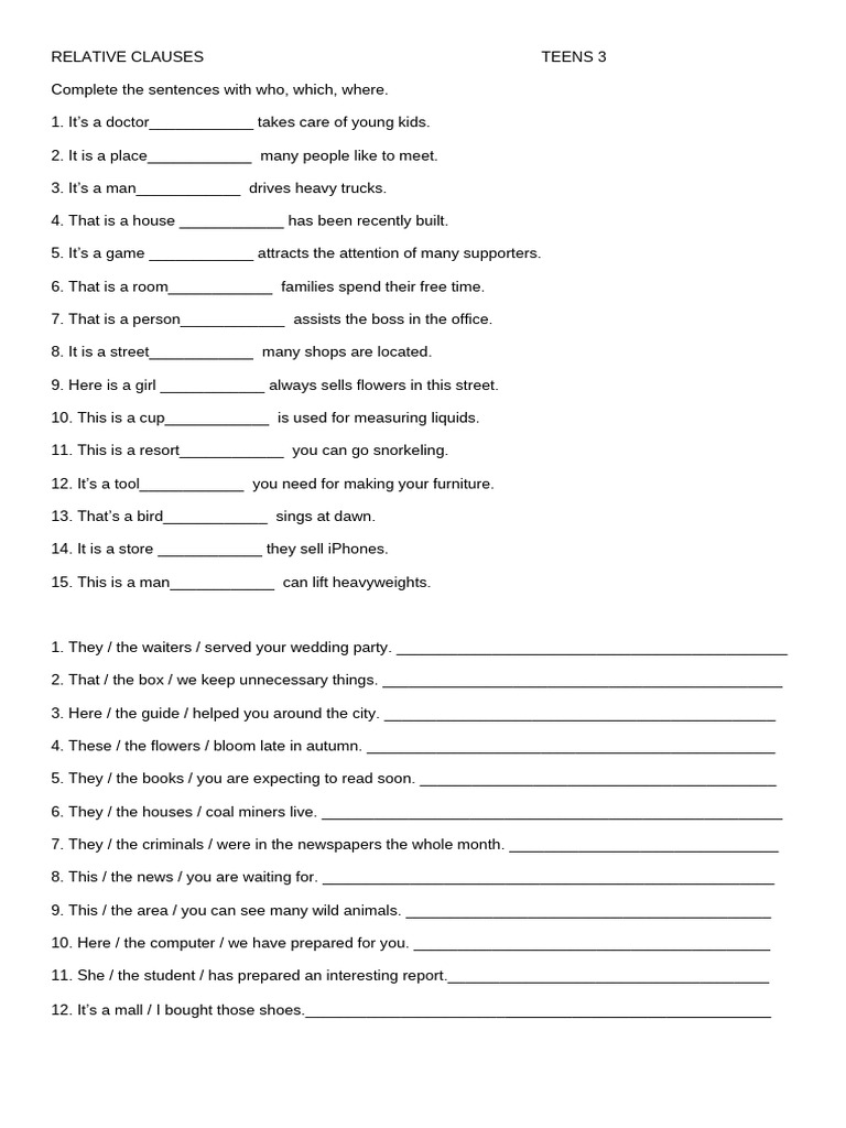RELATIVE CLAUSES EJERCICIOS TEENS 3 | PDF