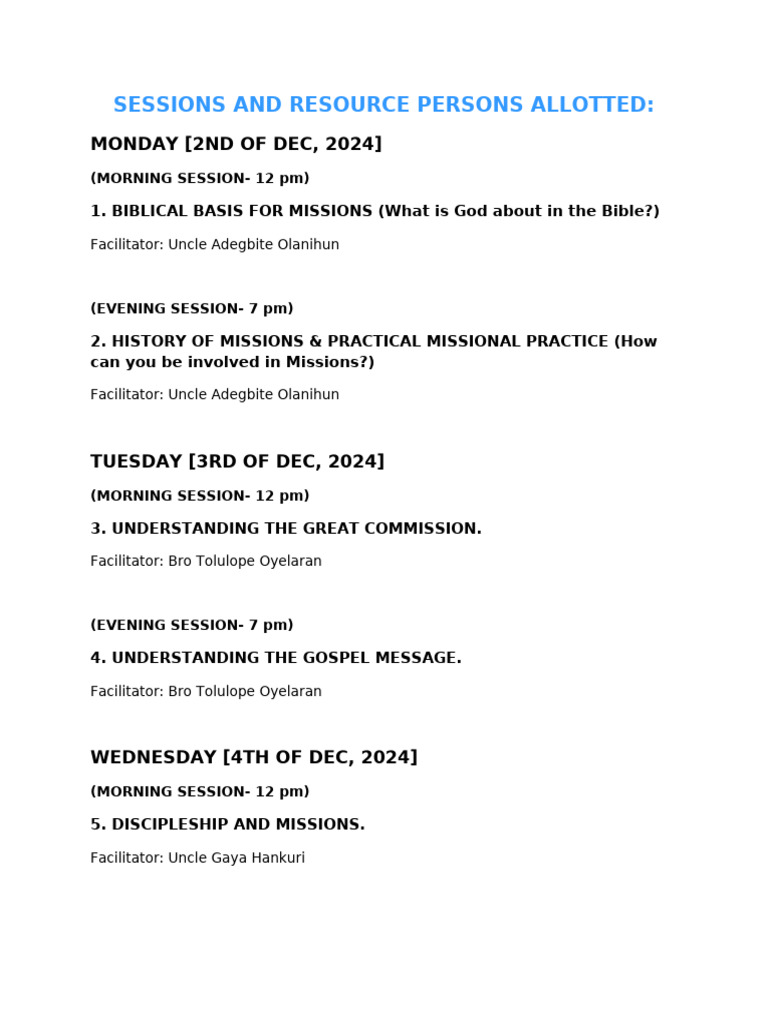 Schedule For Missions Week | PDF
