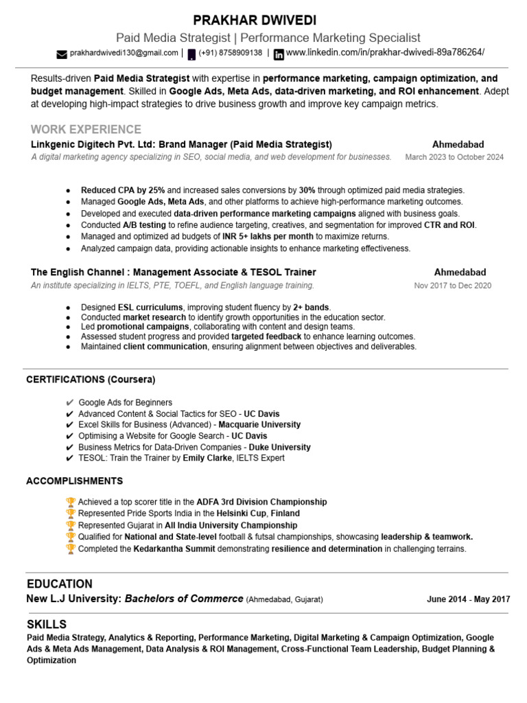 Prakhar Dwivedi Resume | PDF | Digital Marketing | English As A Second Or Foreign Language
