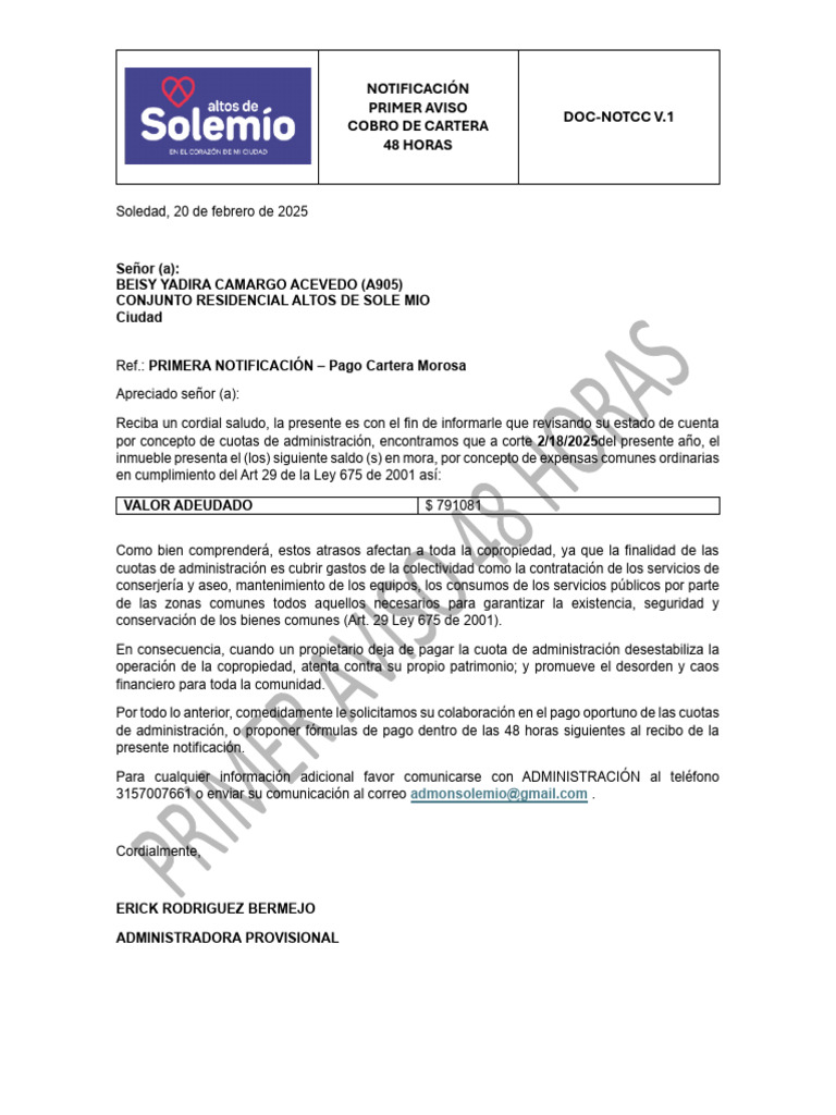 Carta Primer Aviso 20022025-14 | PDF
