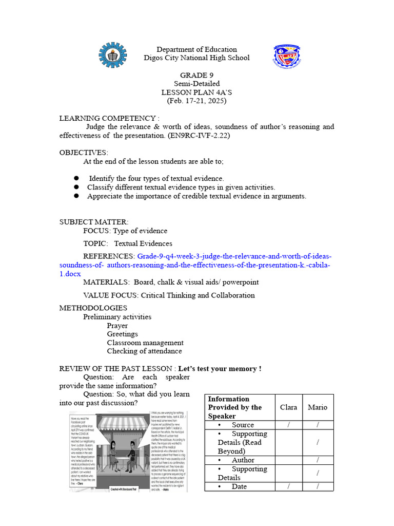 Grade 9 Lesson Plan on Textual Evidence | PDF | Evidence | Argument