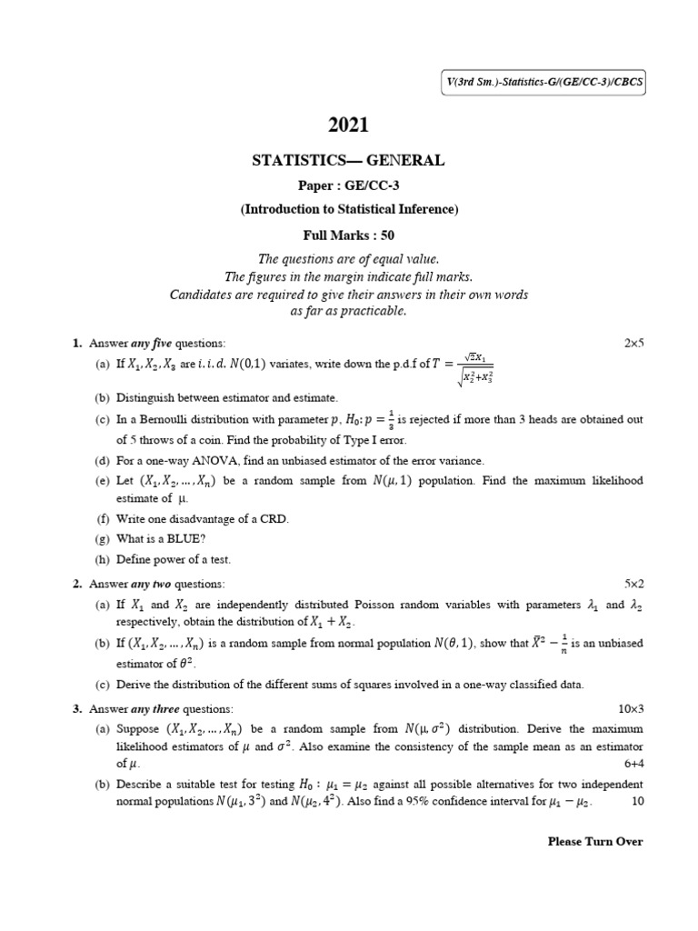 CU-2021 B.Sc. (General) Statistics Semester-3 Paper-CC3-GE3 QP | PDF ...