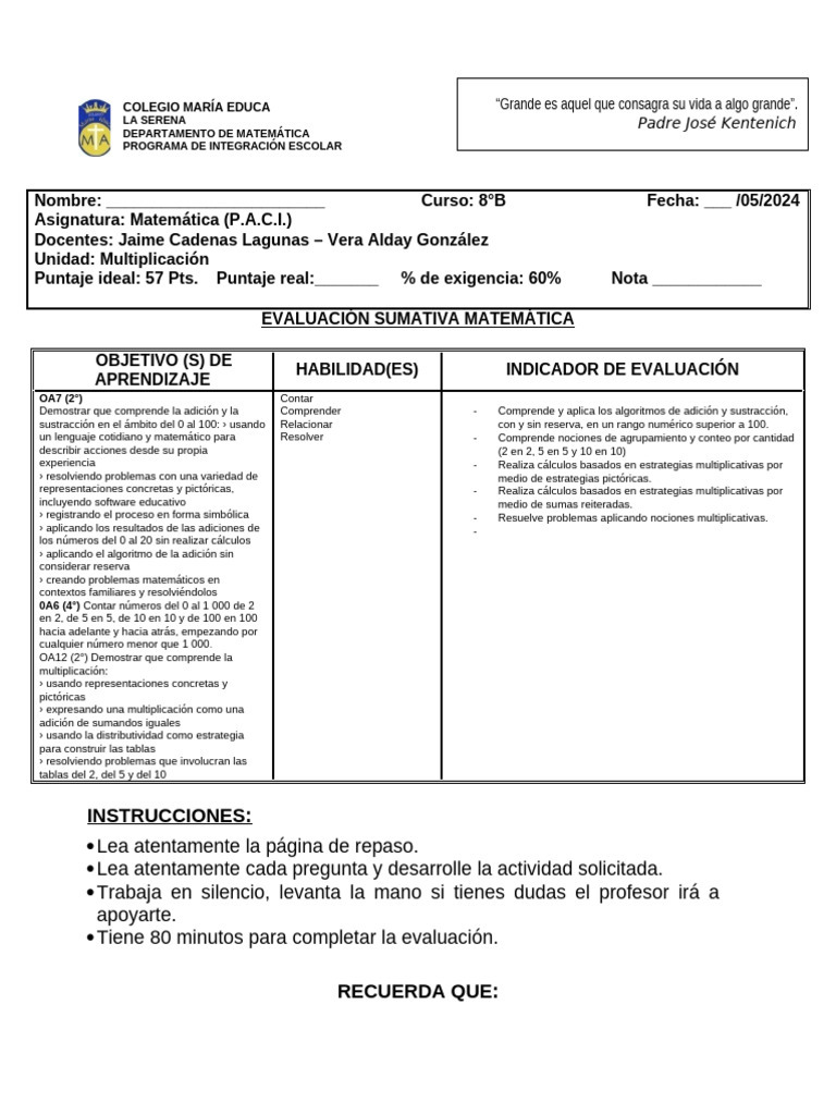 - Eval Paci Matematica Sumativa Ricardo (3) | PDF | Multiplicación | Matemáticas