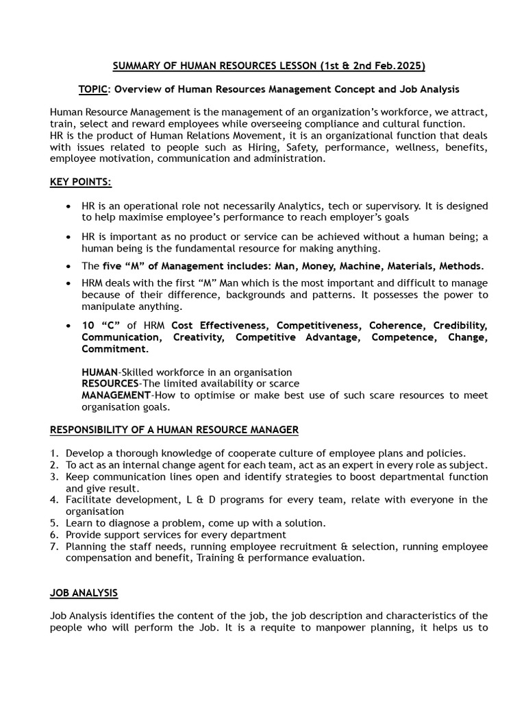 Summary of Human Resources Lesson | PDF | Human Resource Management ...