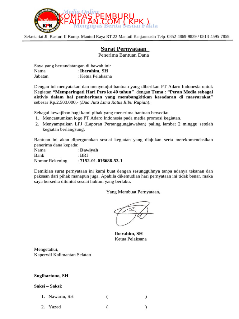 Surat Pernyataan - Peringatan Hari Pers Ke 40 | PDF
