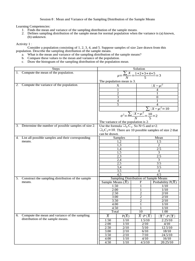 8 Mean Variance of Sampling Dist of Sample Means | PDF | Standard ...