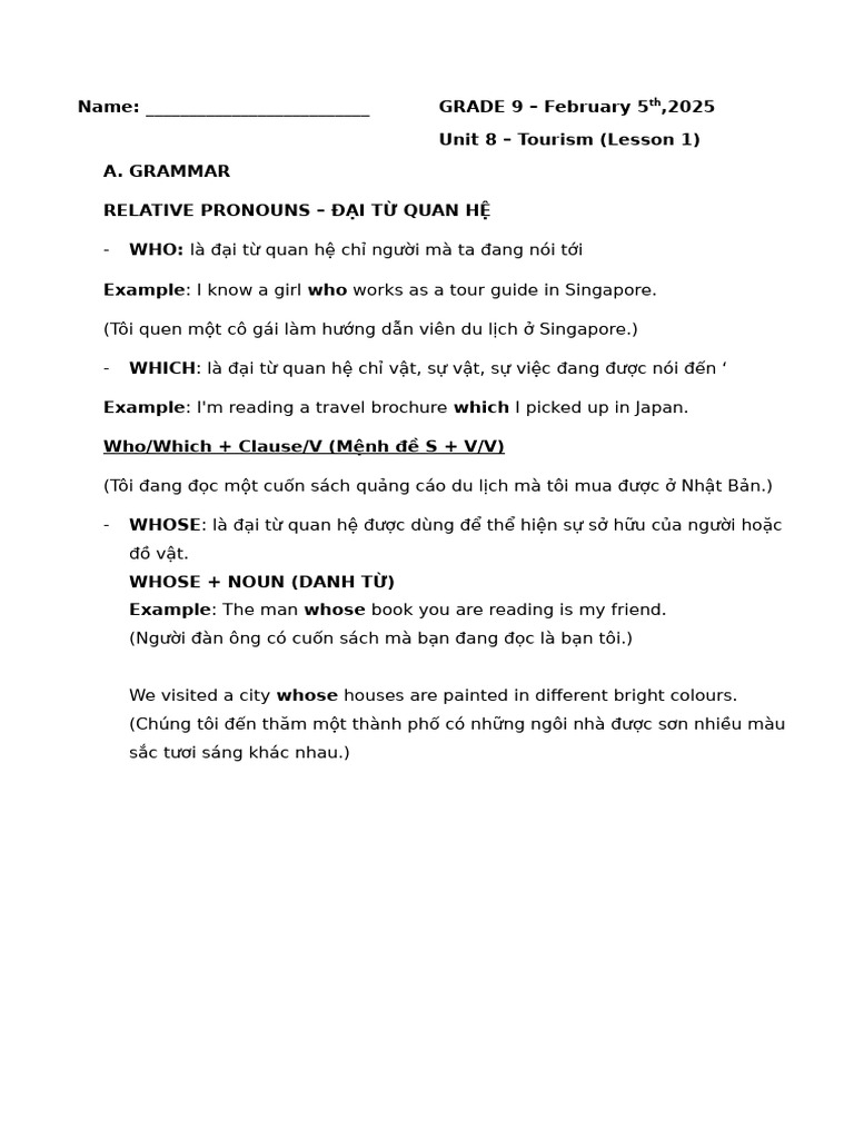 G9 Unit 8 - Tourism (Lesson 1) | PDF