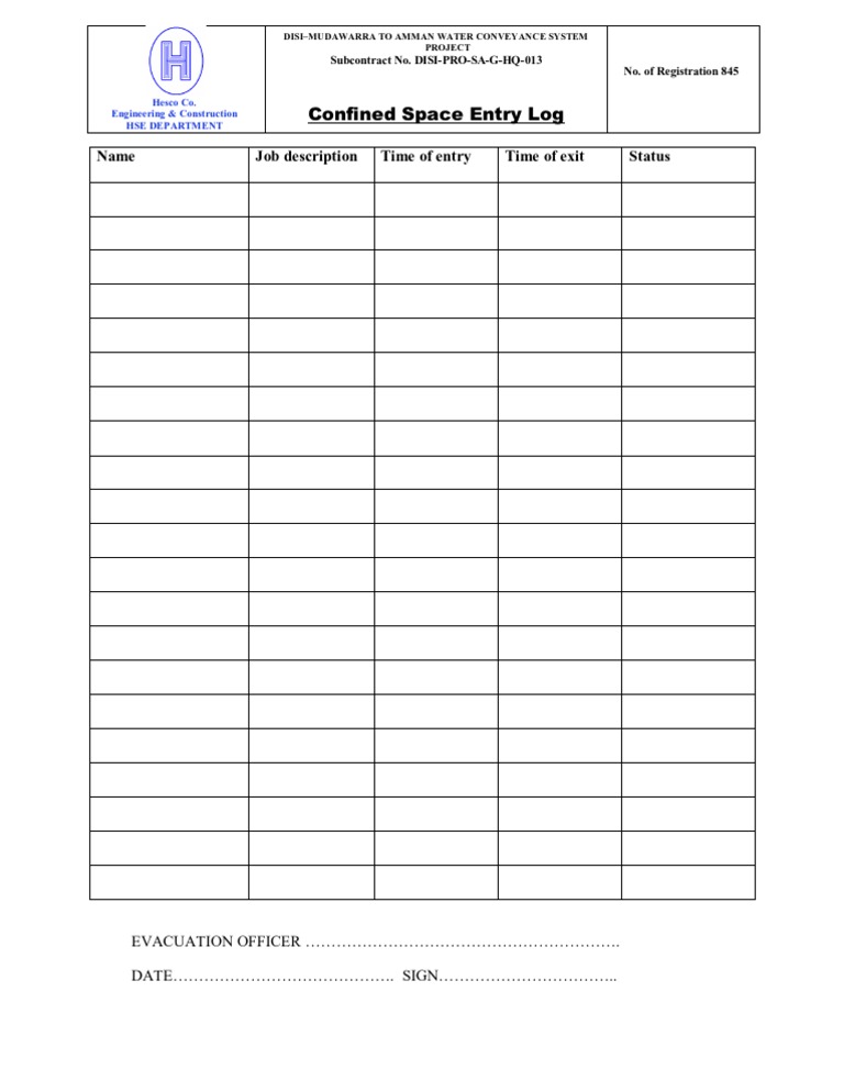 Confined Space Entry Log | PDF