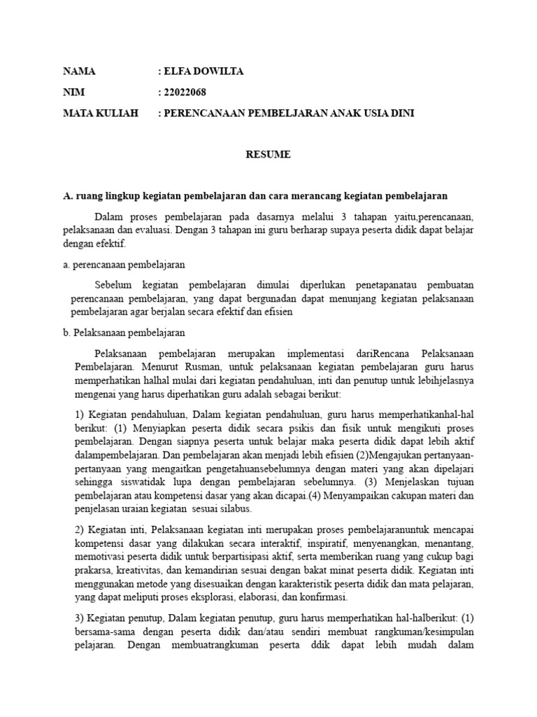 Tugas Pertemuan 6 Perencanaan Pembelajaran Anak Usia Dini | PDF