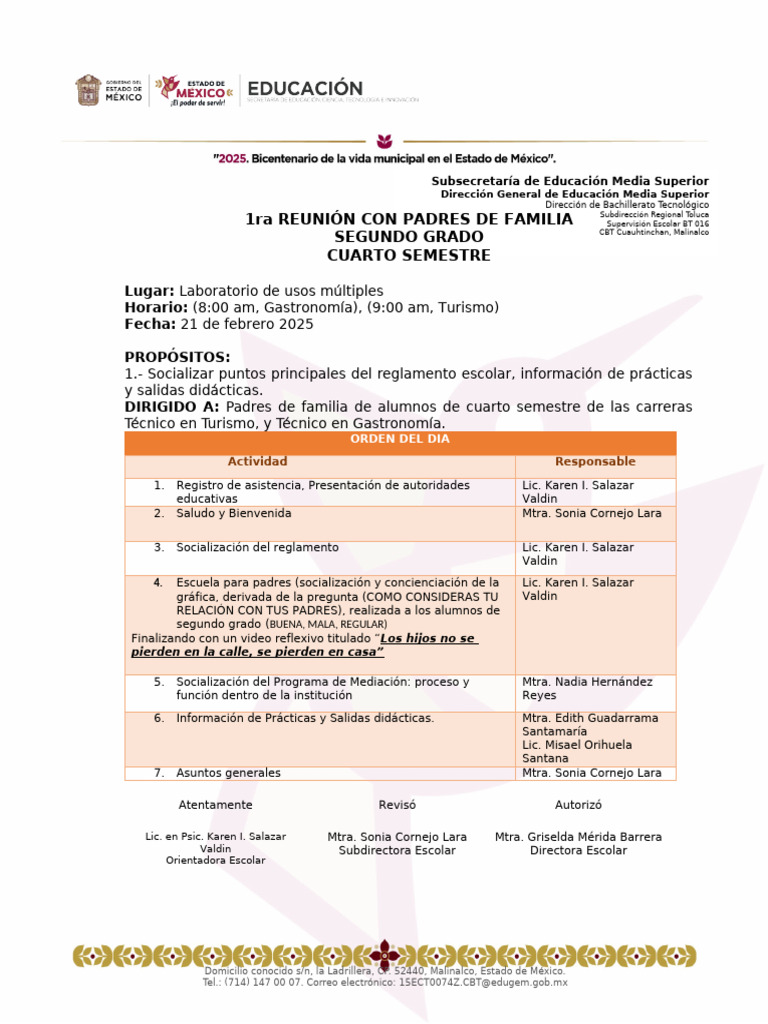 Reunión Padres Segundo Grado CBT Malinalco | PDF