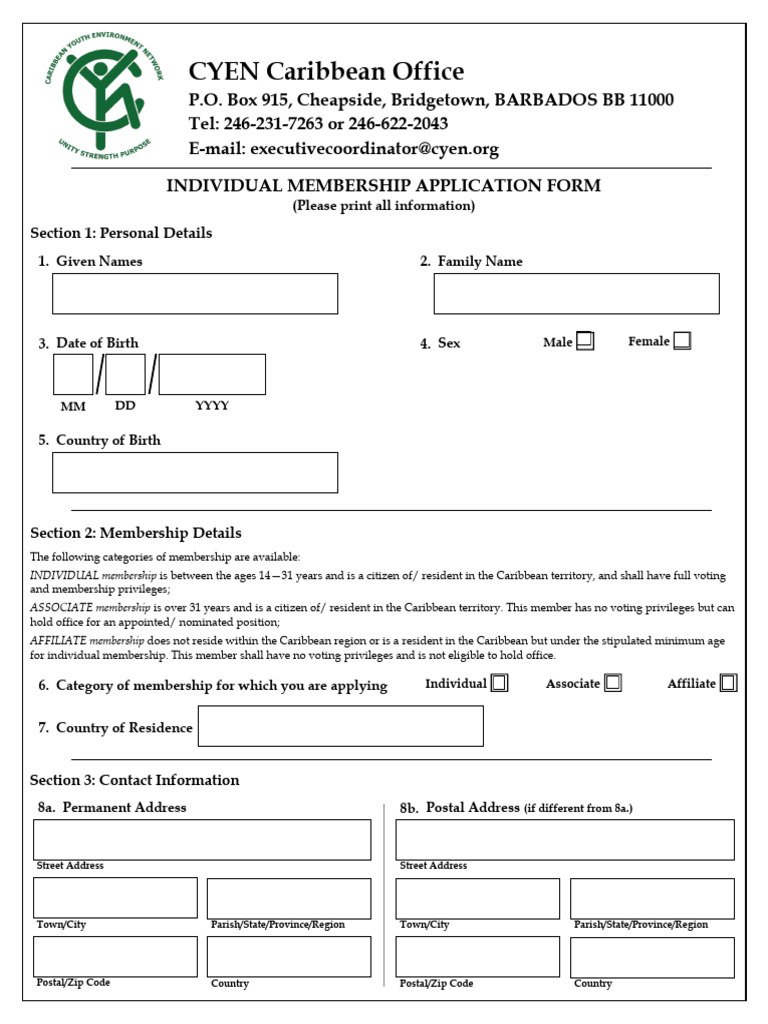 Caribbean Youth Membership Application | PDF