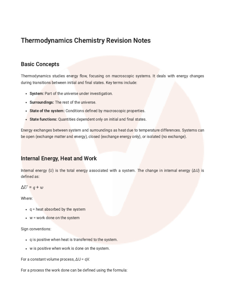 Thermodynamics Revision Notes | PDF | Heat | Enthalpy