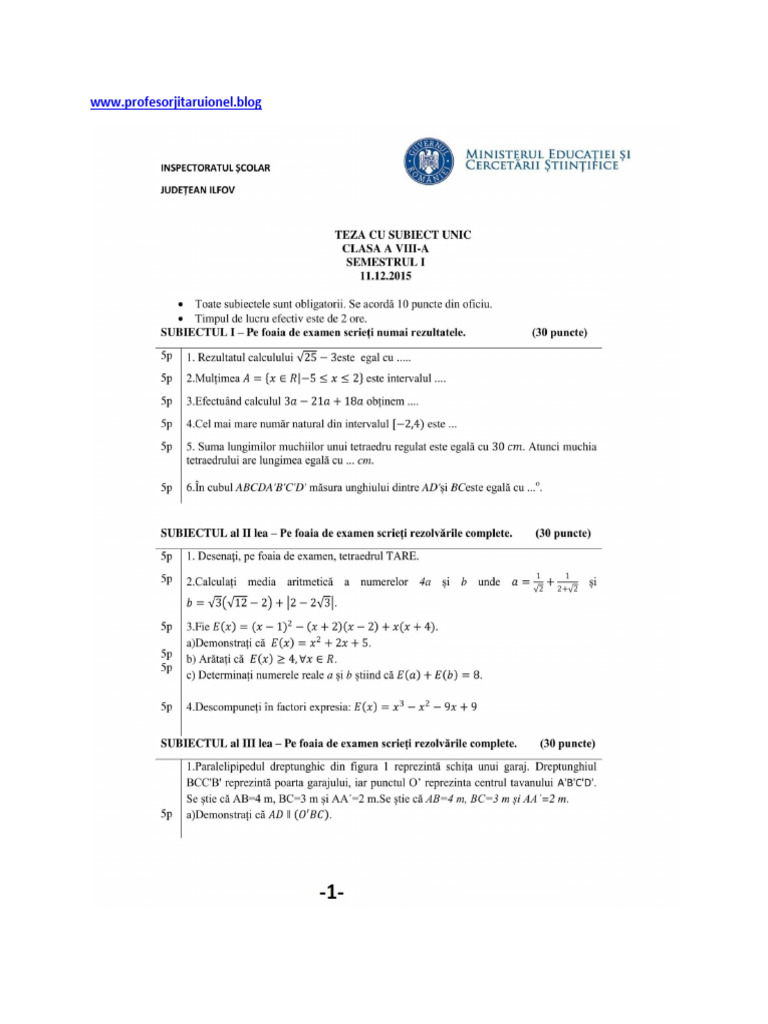 Model 4 Subiectebarem Teza Mate Sem i Cls8 | PDF