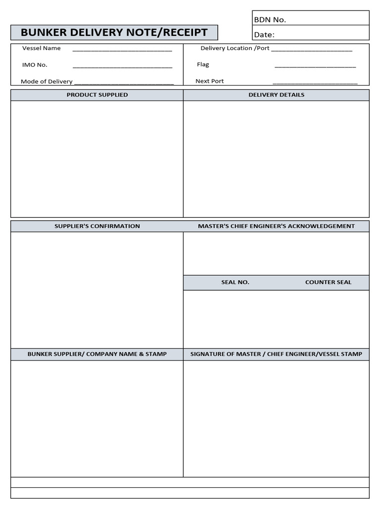 Bunker Delivery Note/Receipt: Date: BDN No | PDF