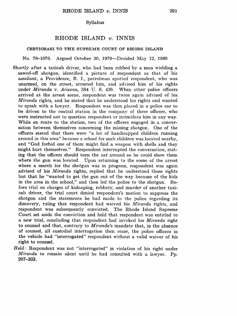217 Rhode Island v. Innis | PDF | Miranda Warning | Public Law