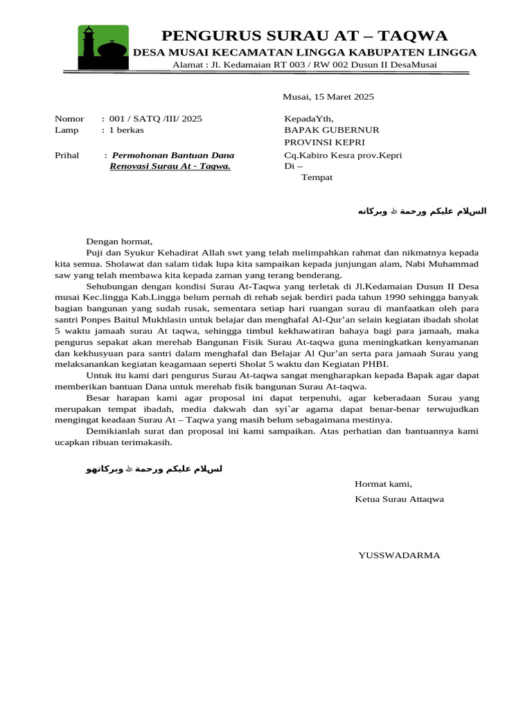 Permohonan Dana Renovasi Surau At-Taqwa | PDF