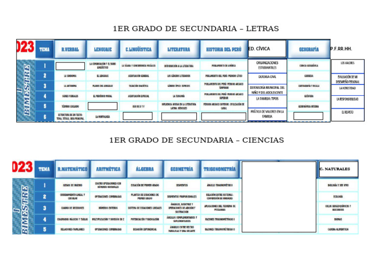 Letras y Ciencias - 1er Año 1er Bimestre | PDF