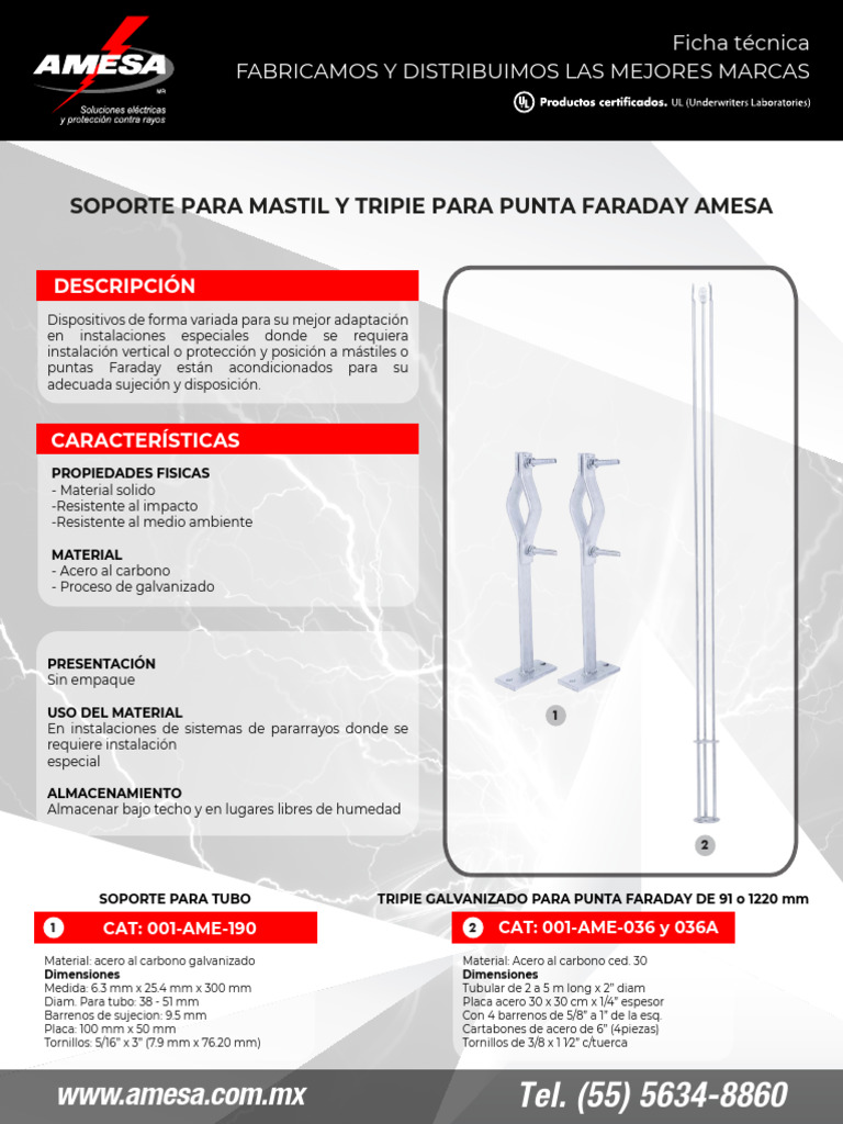 Soporte para Mástil y Tripie para Punta Faraday AMESA - AME036-190 | PDF