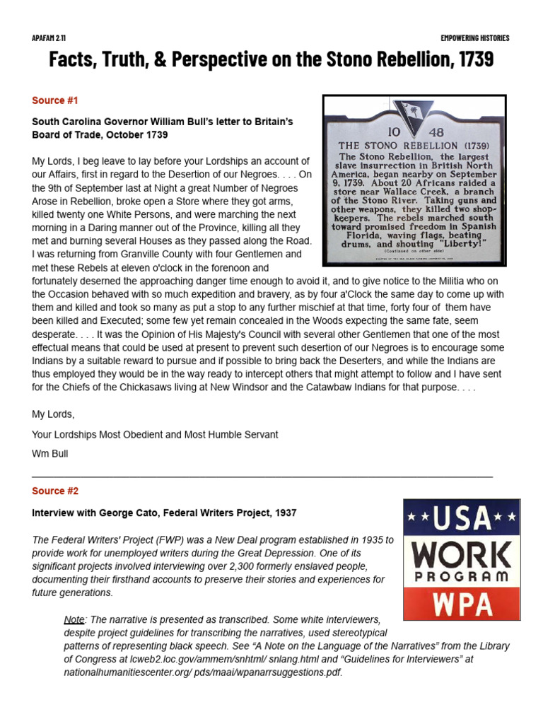 APAFAM 2.11 Stono Rebellion Sources (1) (1) | PDF | Slavery
