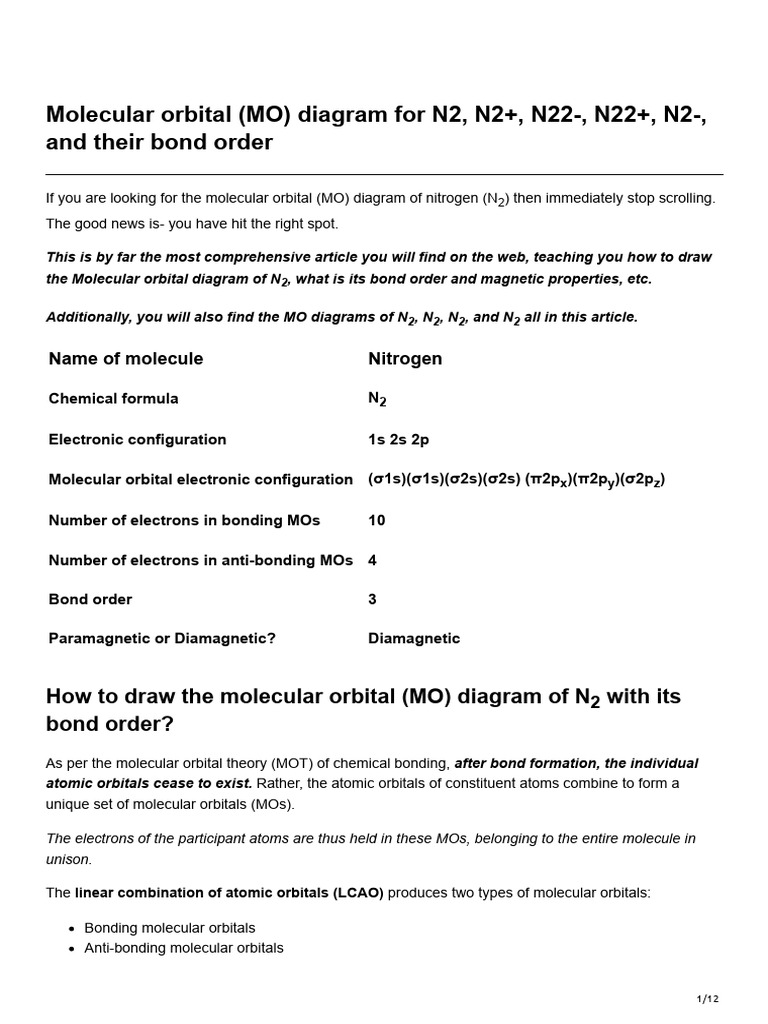 Molecular Orbital MO Diagram For N2 N2 N22 - N22 N2 - and Their Bond Order | PDF | Molecular ...