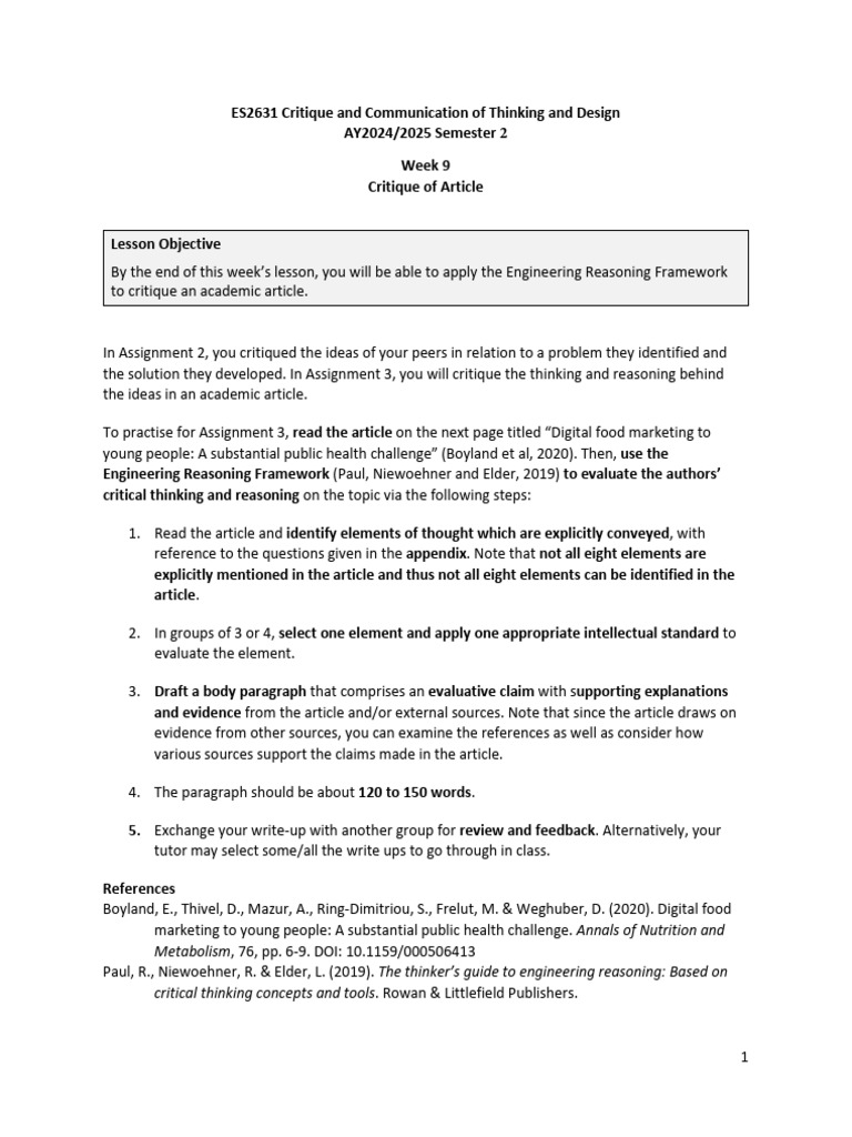 3a) AY24 - 25 S2 ES2631 Week 9 Critique of Article Tutorial Handout ...