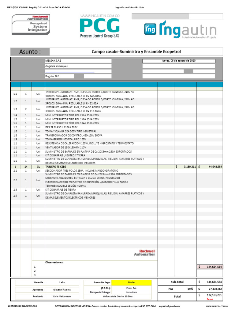 COTIZACIONx ING20353 MELEXA-Campo Casabe Suministro y Ensamble ...