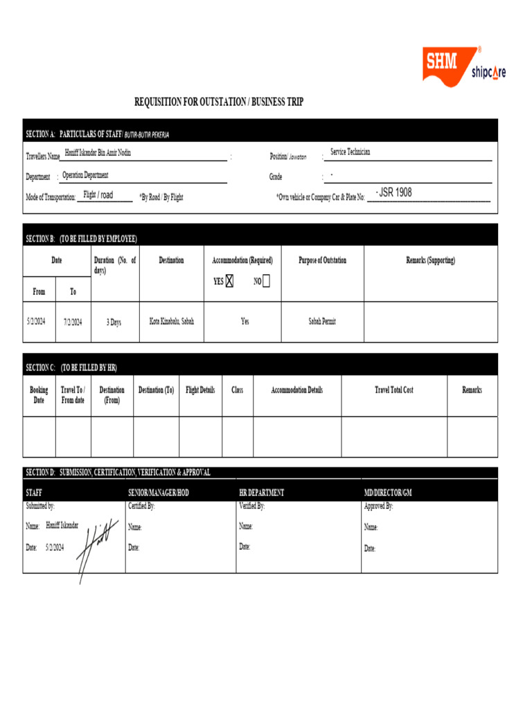 Staff Outstation Form 2024 - Haniff | PDF