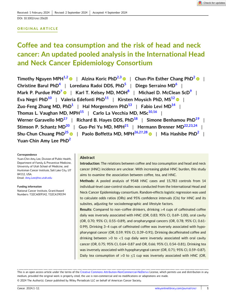 Cancer - 2024 - Nguyen - Coffee and Tea Consumption and The Risk of ...