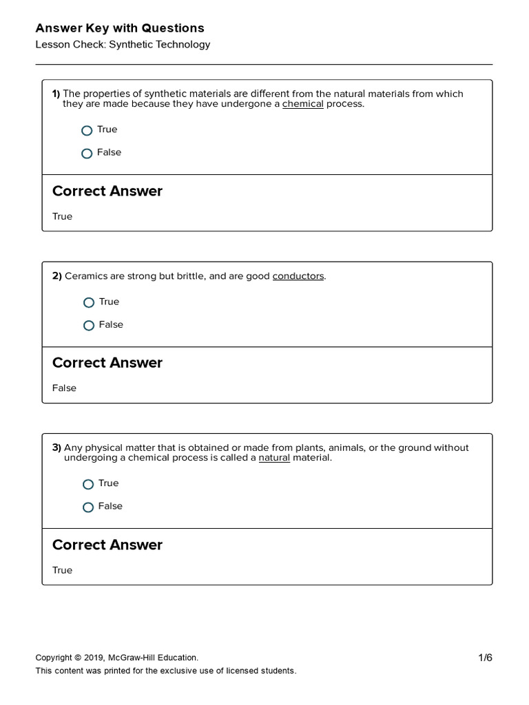 Lesson Check Answer Key - Synthetic Technology | PDF | Bronze | Polymers