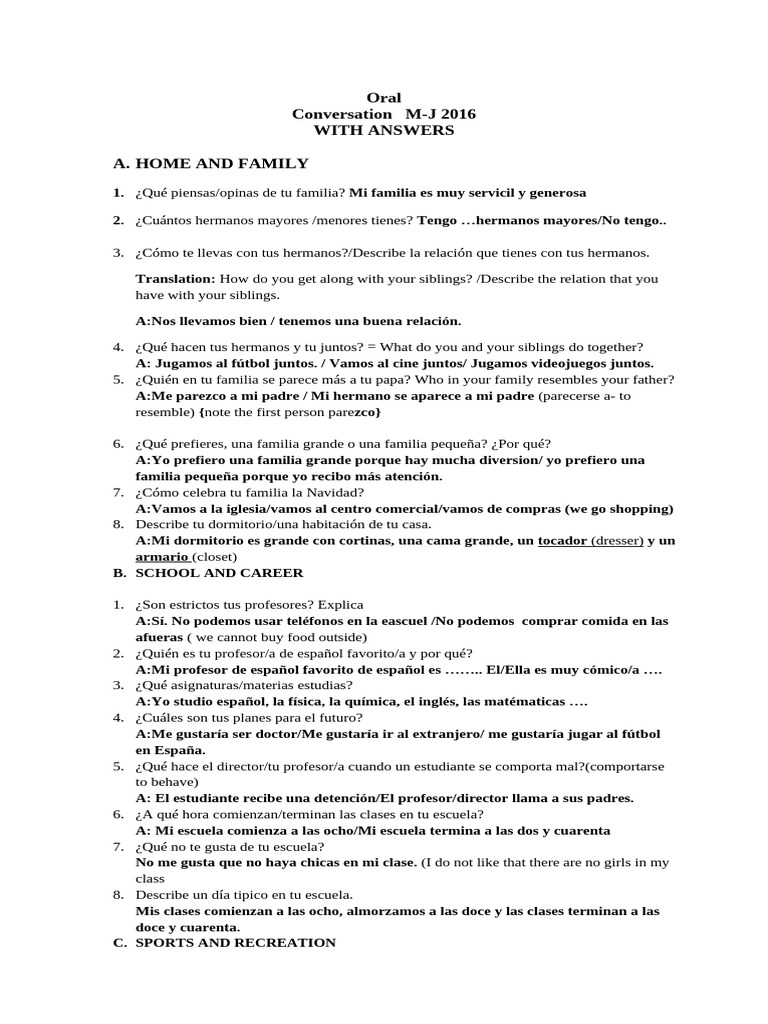 CSEC Spanish 2016 Oral Conversation Questions and Solutions | PDF