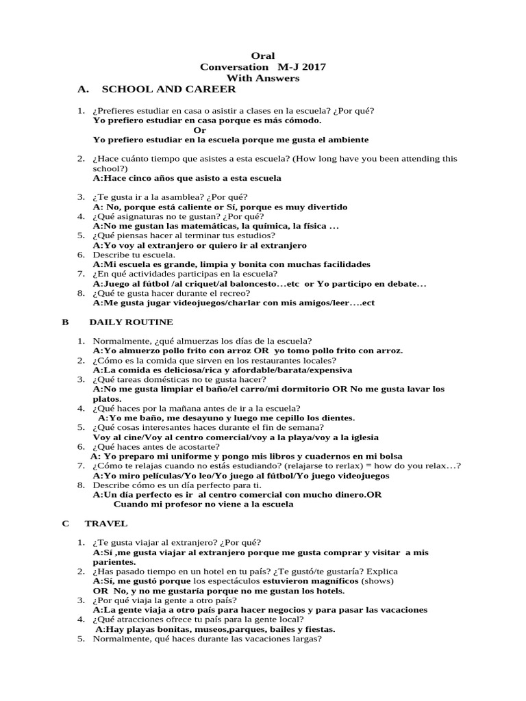 CSEC Spanish 2017 Oral Conversation Questions and Solutions | PDF