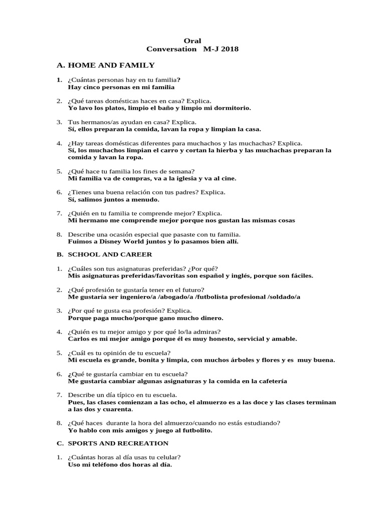 CSEC Spanish 2018 Oral Conversation Questions and Solutions | PDF