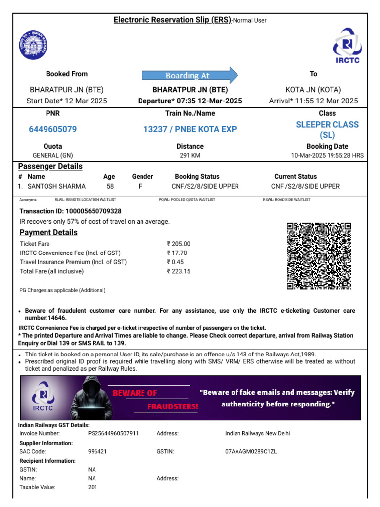 PNBE Kota EXP 12 March | PDF | Identity Document