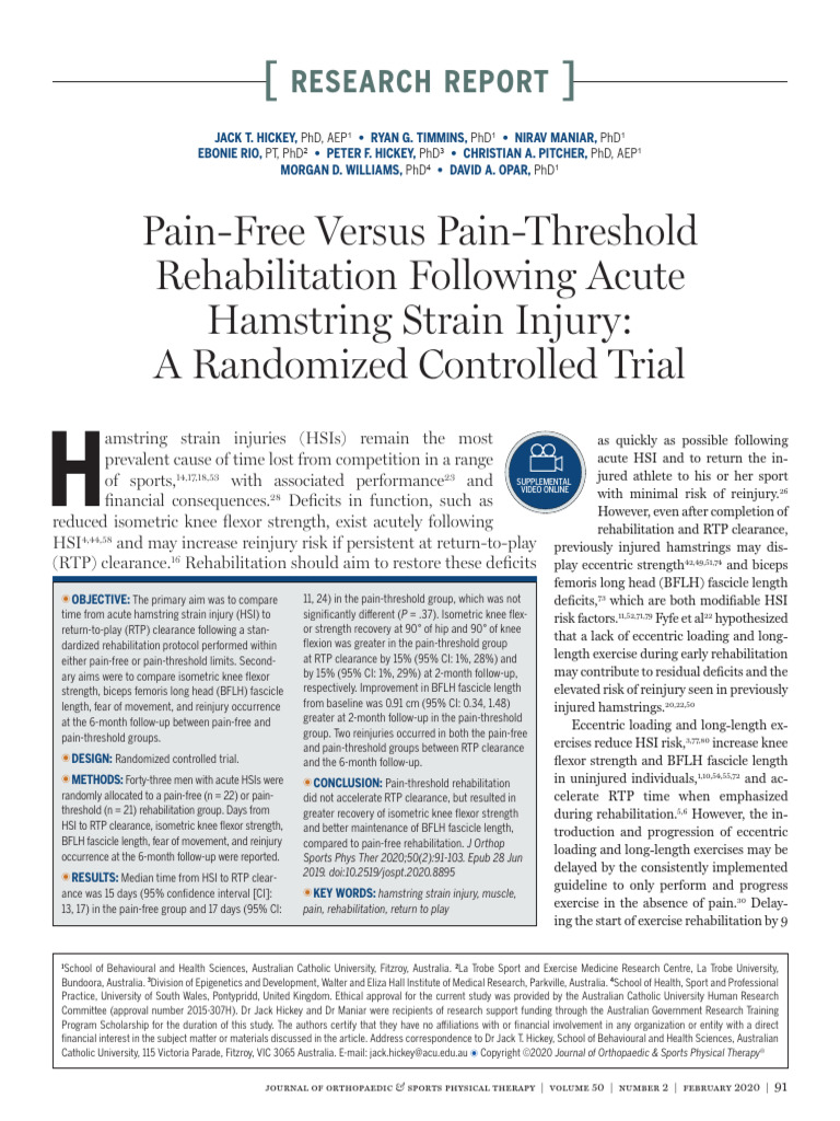 Hickey Et Al 2020 Pain Free Versus Pain Threshold Rehabilitation ...