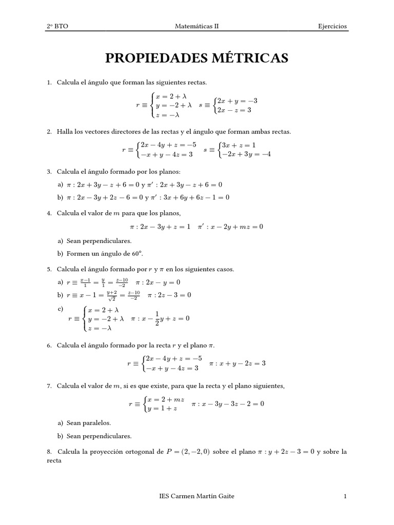 Bto 2 - Mat II - 06 - Propiedades Métricas - Ejer | PDF | Triángulo | Matemáticas