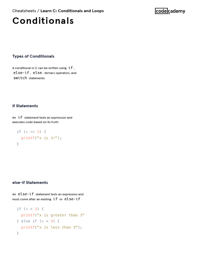 Conditionals and Loops: Conditionals Cheatsheet | PDF