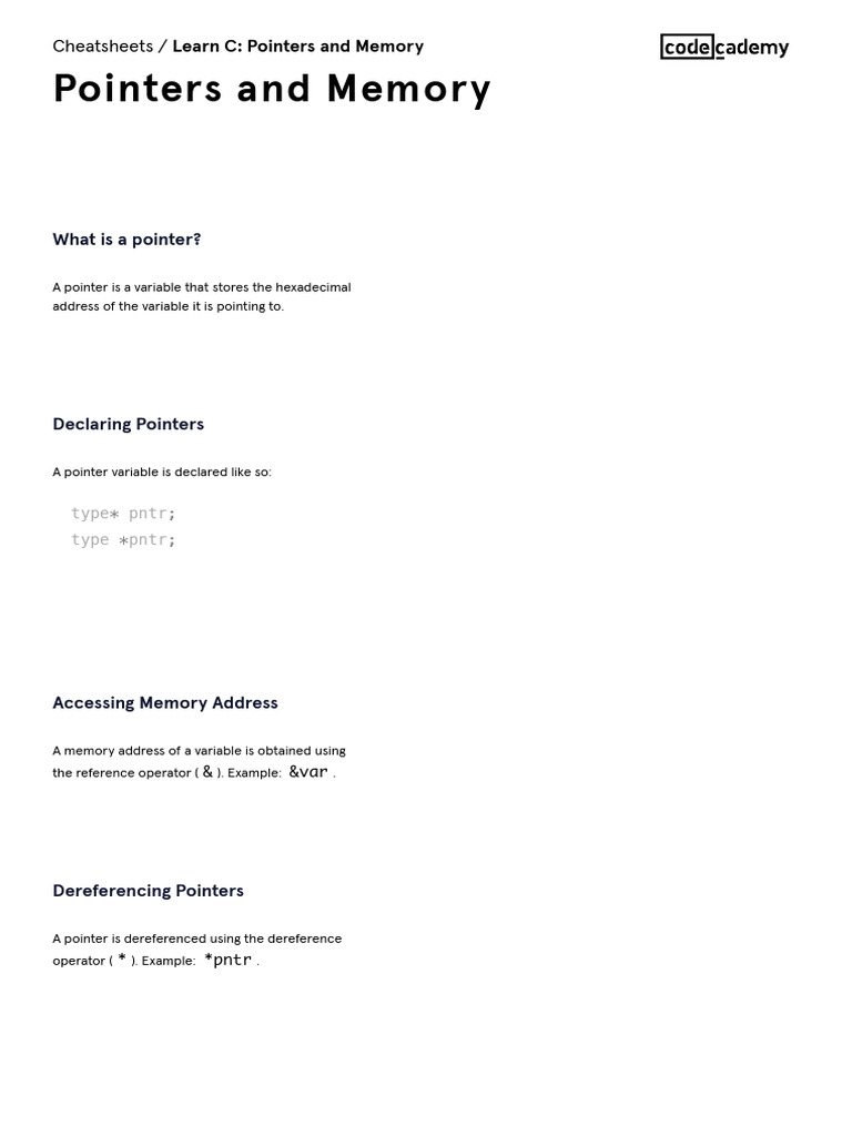Pointers and Memory: Pointers and Memory Cheatsheet | PDF