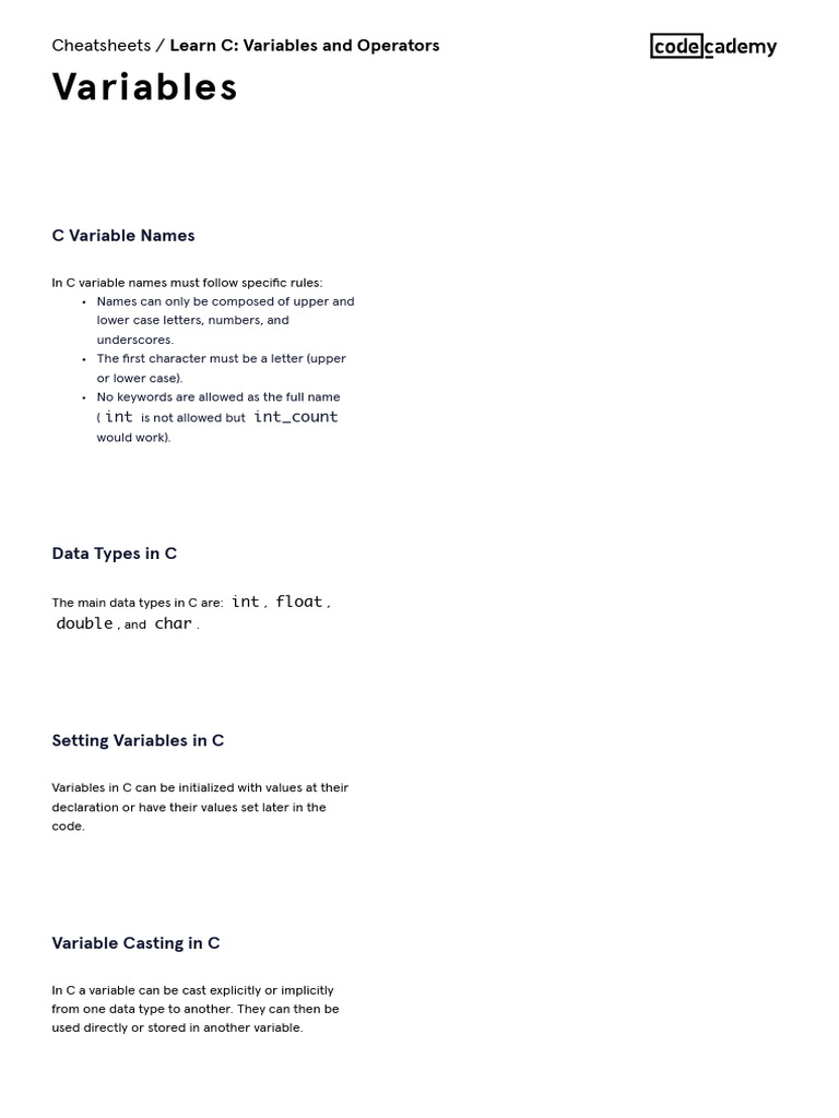 Variables and Operators: Variables Cheatsheet | PDF