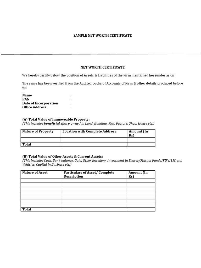 Sample Net Worth Certificate Format | PDF