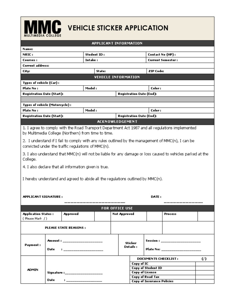 Vehicle Application Form - MMCN | PDF