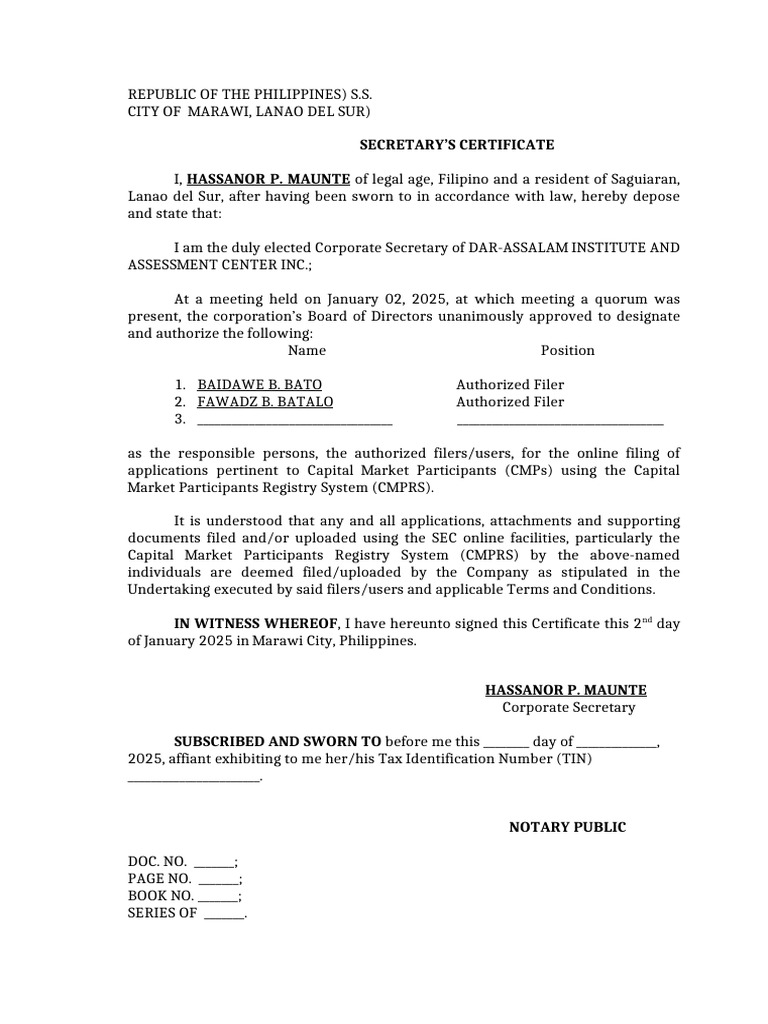 Secretary's Certificate SEC and BIR | PDF | Government