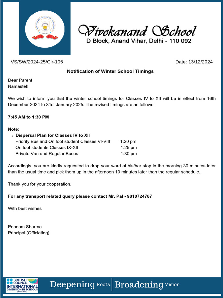 Notification of Winter School Timings | PDF