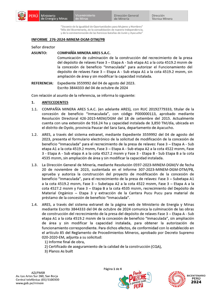 Inf 276-2024-Minem-Dgm-Dtm-Pb | PDF | Represa | Laboratorios