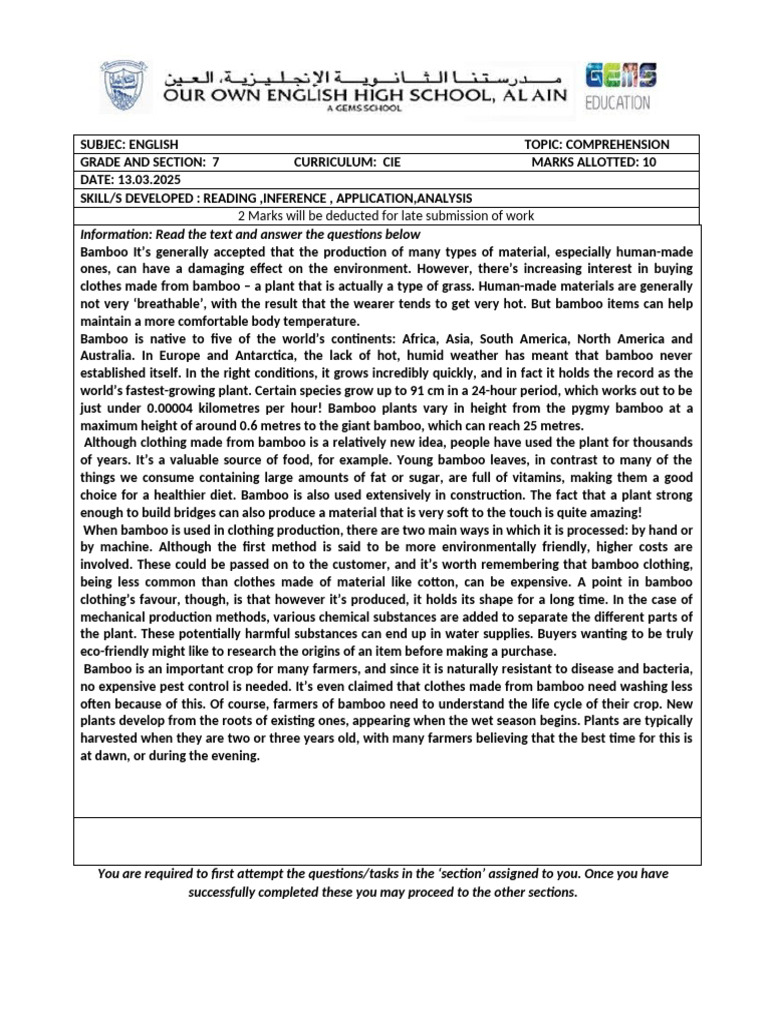 Grade 7 - Reading Comprehension Worksheet | PDF | Bamboo | Clothing