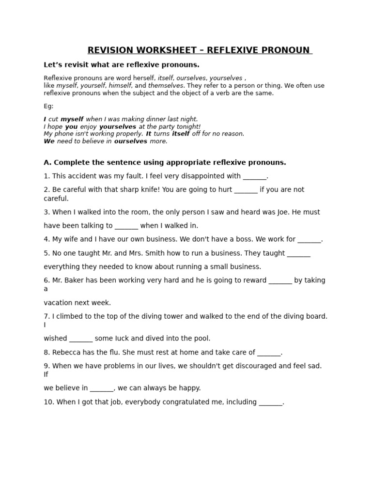 Revision Worksheet - Reflexive Pronouns | PDF
