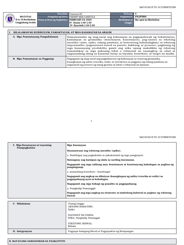 DLL MATATAG _FILIPINO 4 Q4 W2 | PDF