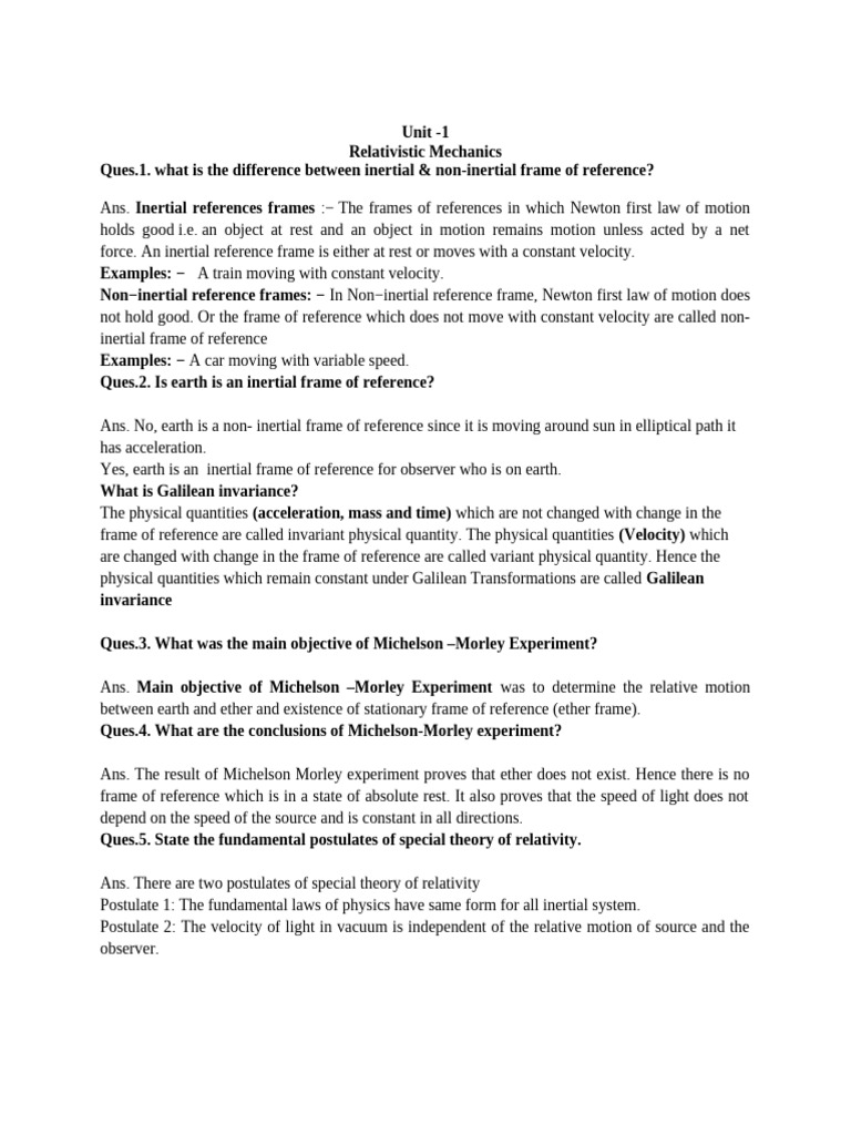 Unit - 1 - Important Questions - 2 Marks | PDF | Special Relativity | Global Positioning System