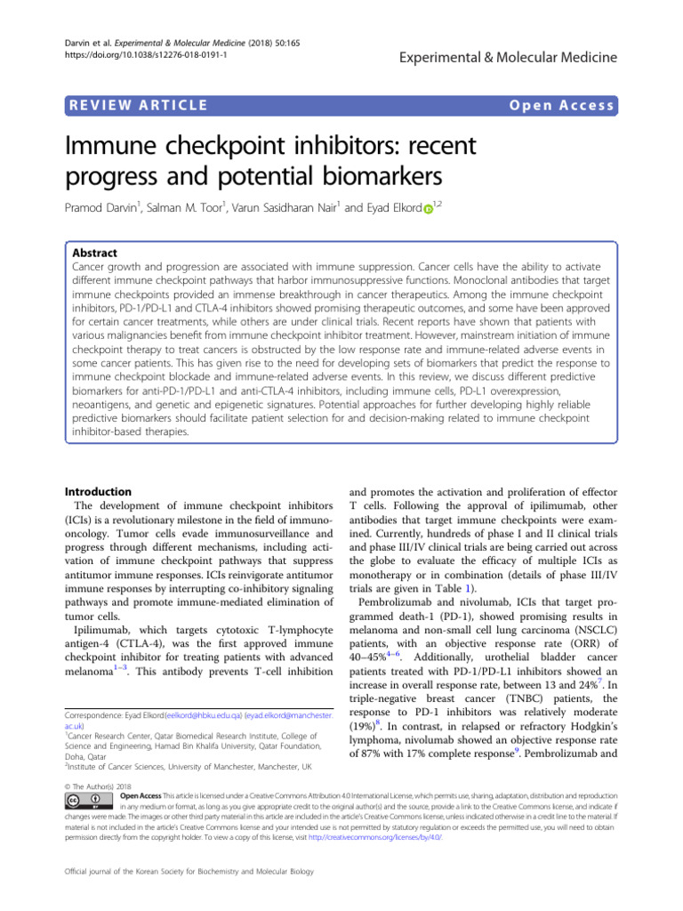 Immune Checkpoint Inhibitors Recent Progress and Potential Biomarkers1 ...